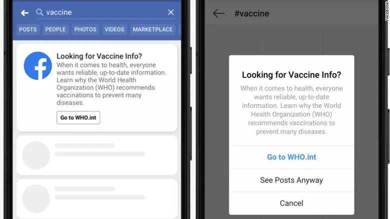 Facebook sendos uzantojn serĉantajn informojn pri vakcinoj al la retejo de OMS 107644_1