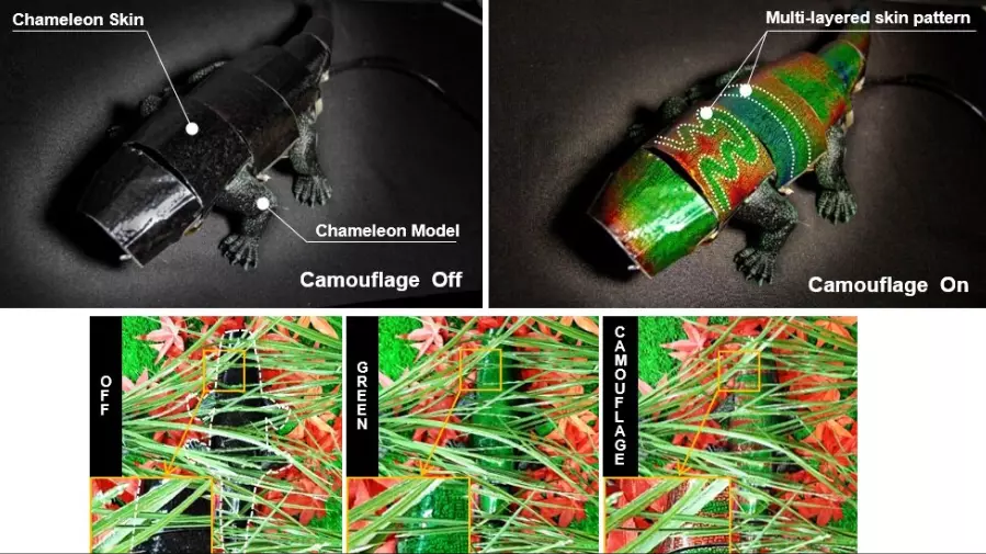 The soft chameleon robot changes color in real time to match the background